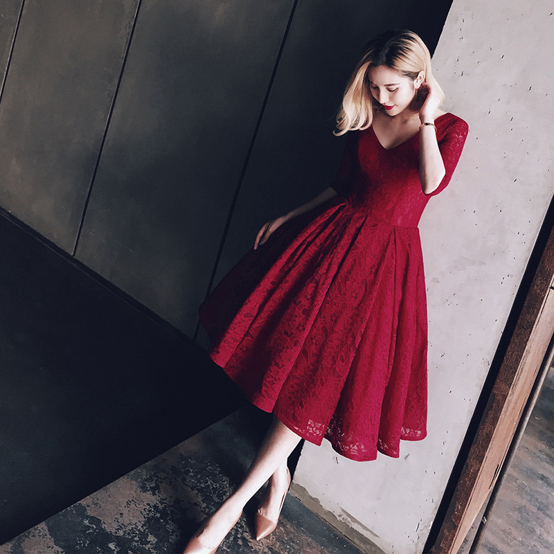 Elegant Burgundy Party Dress,a Line Half Sleeve Prom Gowns,v Neck ...