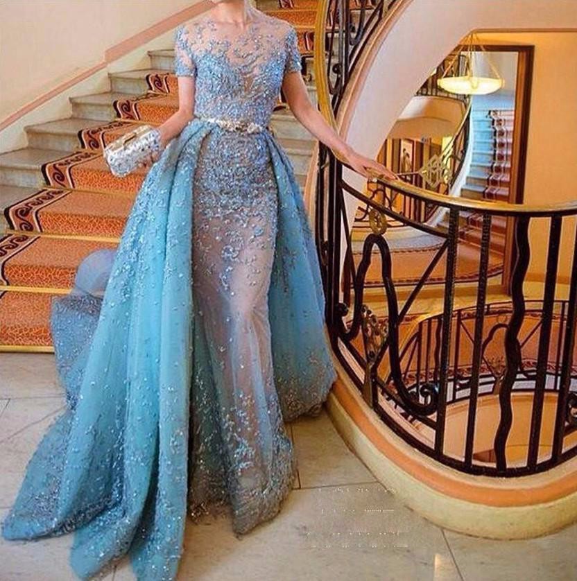 Sky Blue Evening Dresses Short Sleeve Embroidery Overskirts Gown Design ...