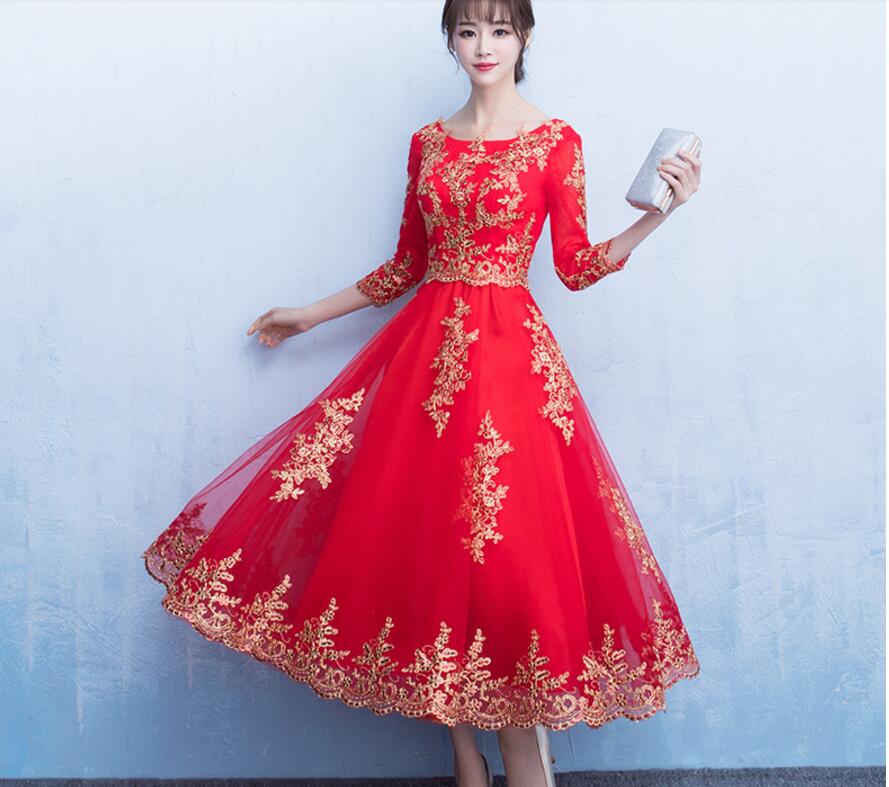Elegant Tea Length Red Tulle Party Dress With Gold Appliques,a Line ...