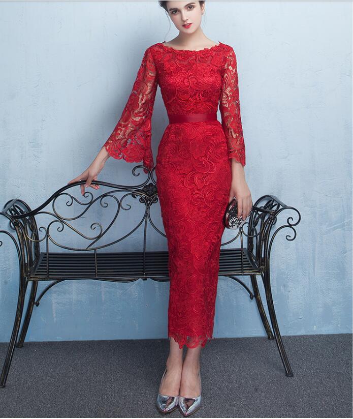Elegant Burgundy Lace Prom Dresses,sheath Long Sleeve Women Formal ...